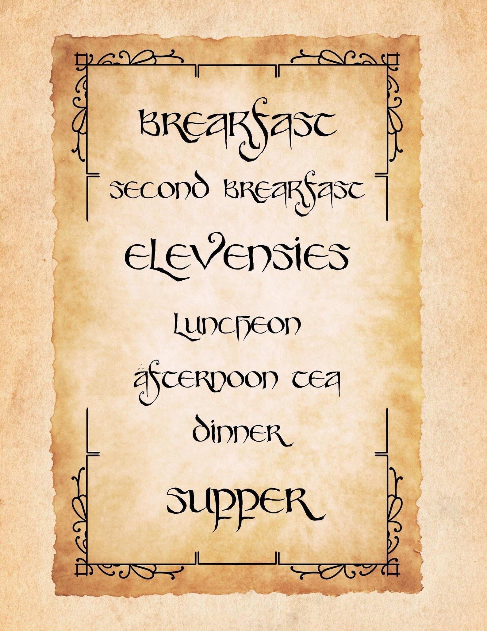 Hobbit Meals Menu, Hobbit Inspired Lettering, All Seven Meals, Hobbit ...