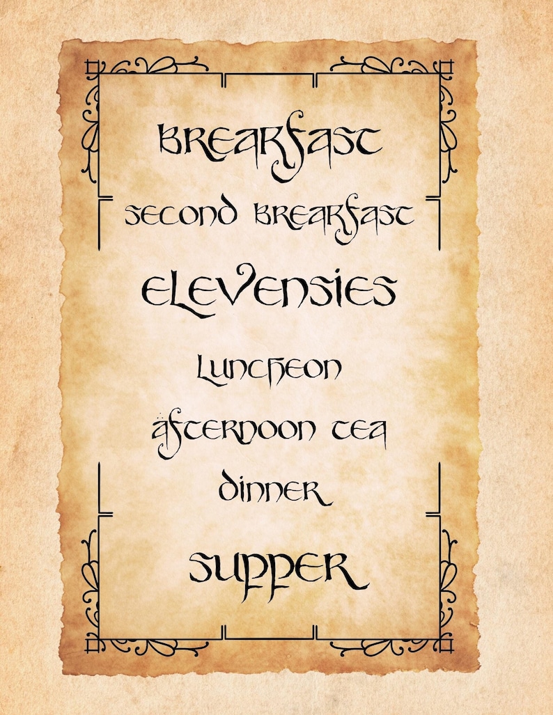 Hobbit Meals Menu, Hobbit Inspired Lettering, All Seven Meals, Hobbit ...