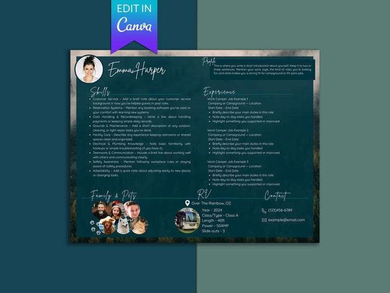 Work Camper Resume Template | Workamper Job Application | Resume for ...