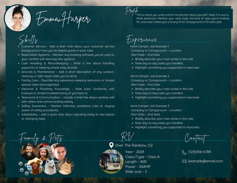Work Camper Resume Template | Workamper Job Application | Resume for ...