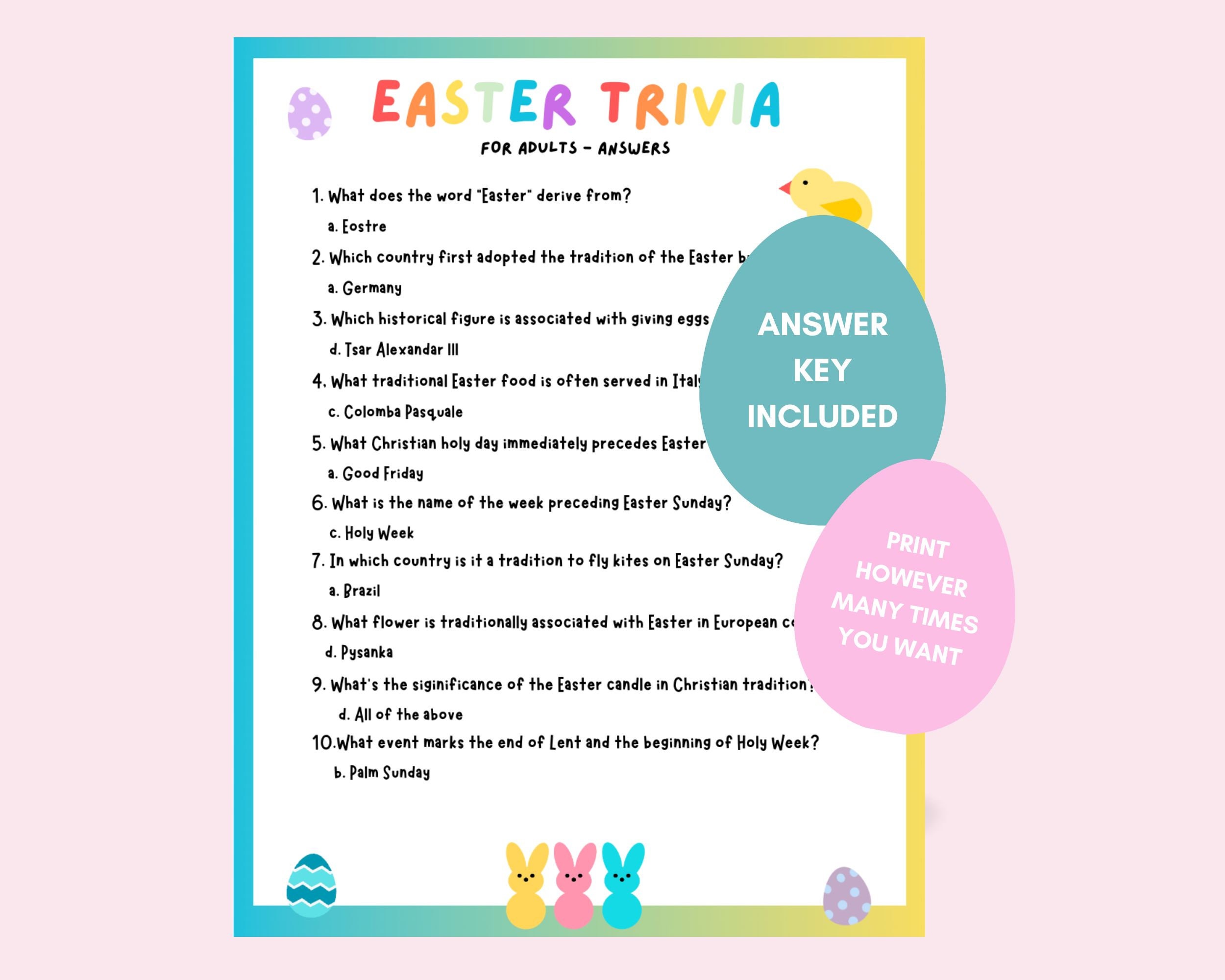 Easter Trivia Printable Game for Adults Teens and Older Kids, Family ...