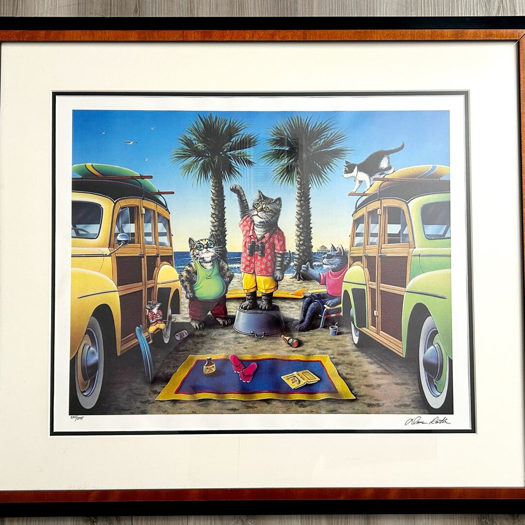 Rare DON ROTH Kool Kat Huge ART Print Framed/glass/signed-collect ...