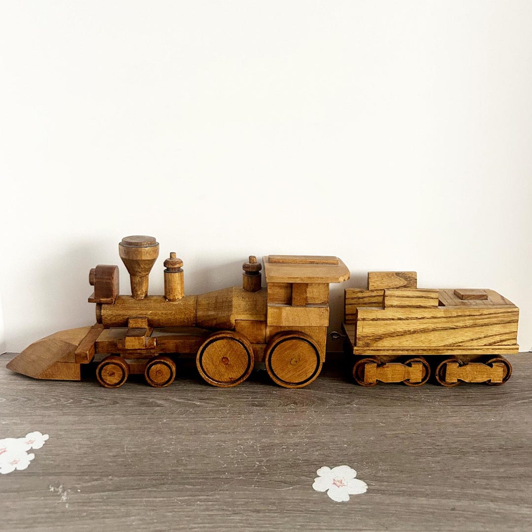 Vintage Hand Made Solid Wood Locomotive Steam Engine and Cargo Car ...