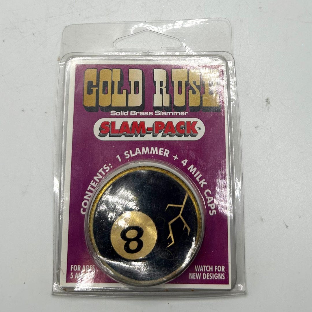 VTG P.O.G.S Metal Slammer 8 Ball W/4 Milk Cap Starter Gold Rush Slam ...
