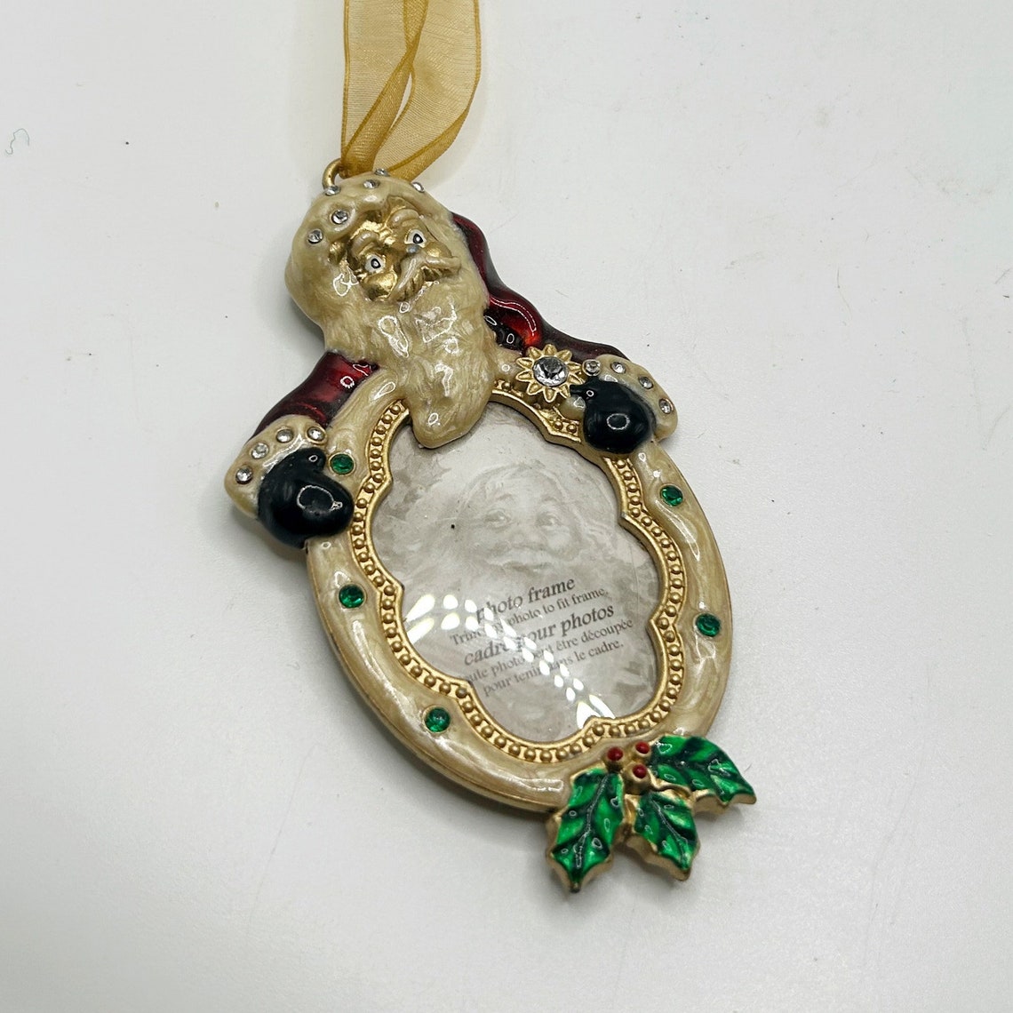 Gold Enameled ORNAMENT PHOTO FRAME Christmas Round Santa Jewel Fit 2 ...