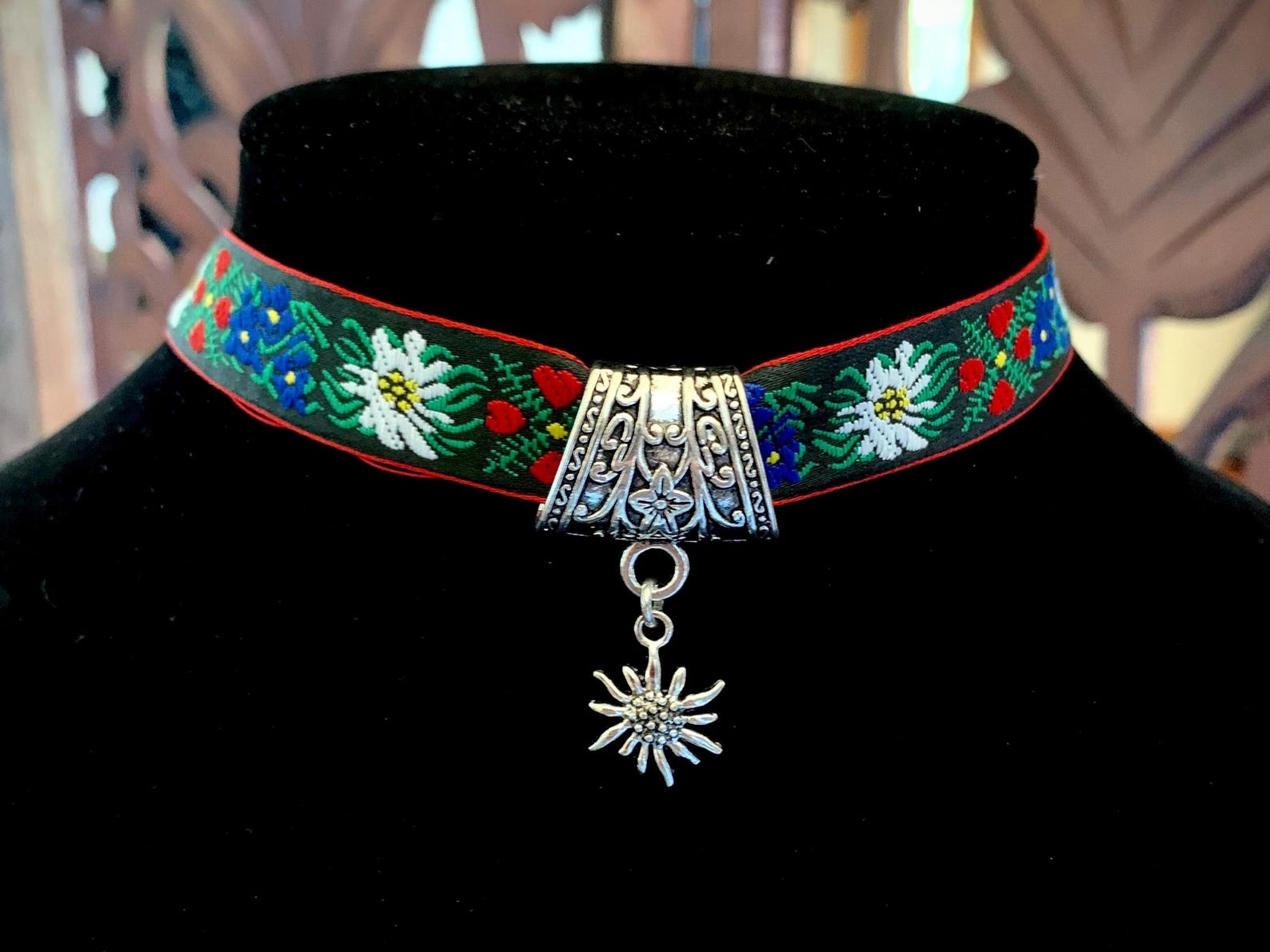 Silver Edelweiss Flower Heart Ribbon Choker; Adjustable Length ...