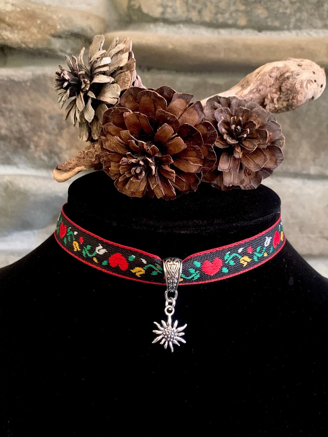 Silver Edelweiss Flower Heart Ribbon Choker Adjustable Length 13mm ...