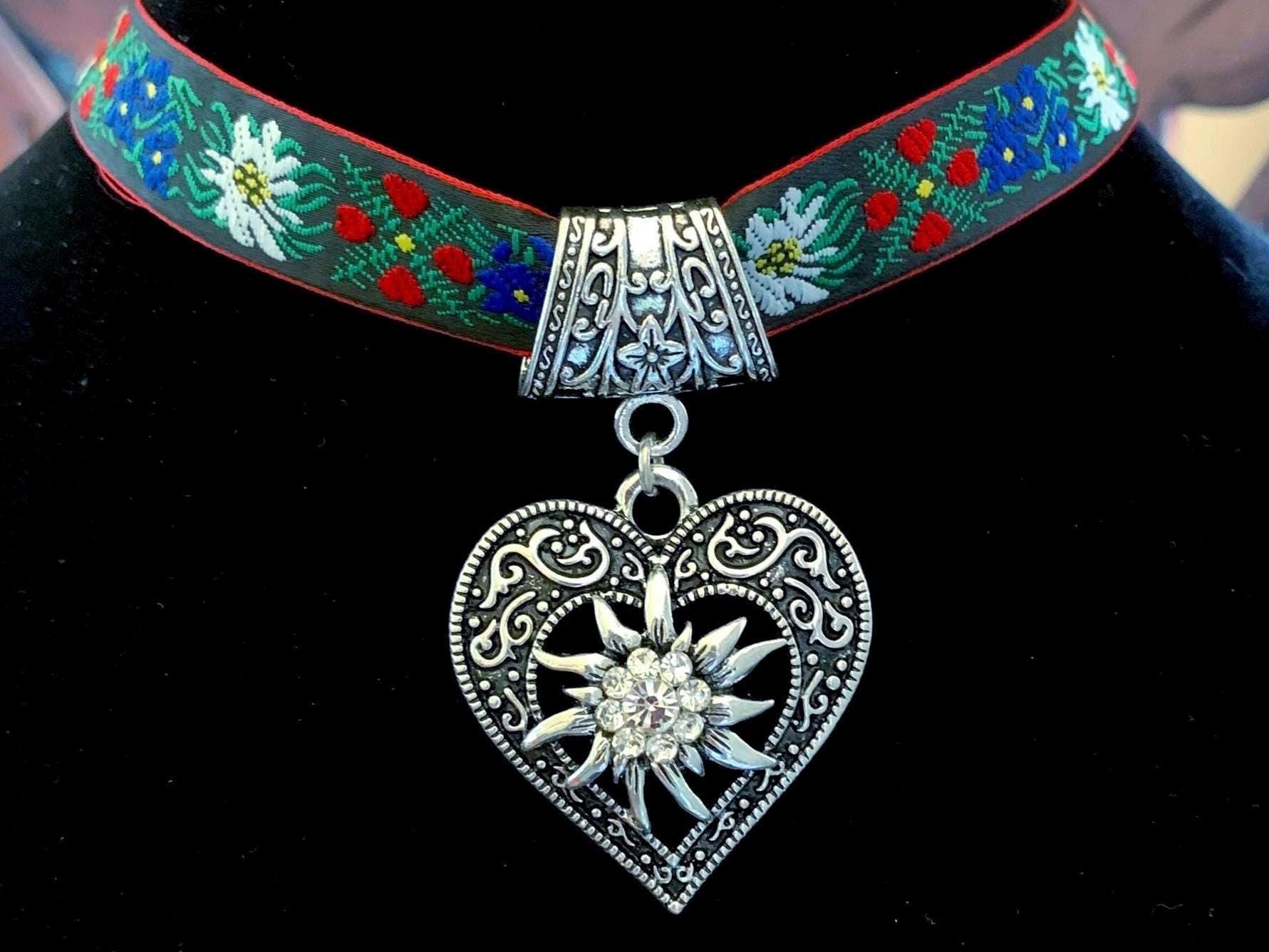 Large Sparkling Edelweiss Heart Jacquard Ribbon Choker Adjustable ...