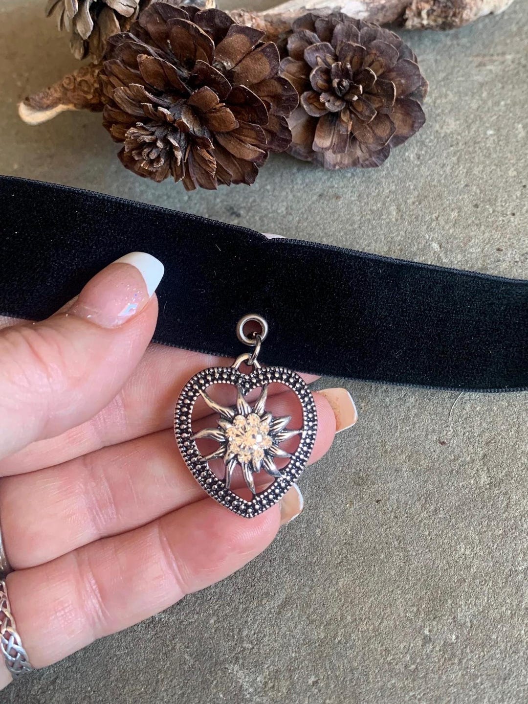 Large Sparkling Edelweiss Heart Black Velvet Ribbon Choker; Adjustable ...