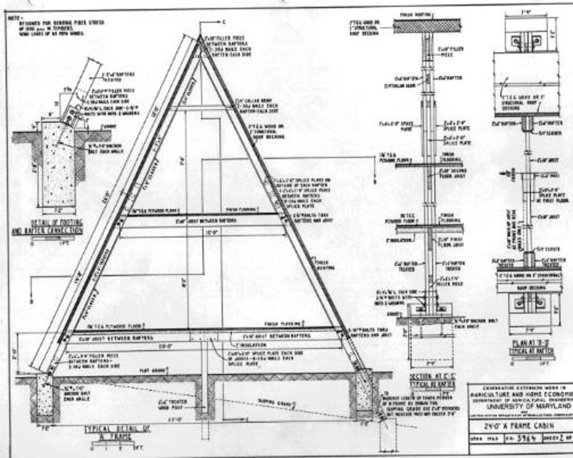 Vintage A-frame Cabin Plan BLUEPRINT, 24' X 20' | 1 Bath, 2 Bed, Tiny ...