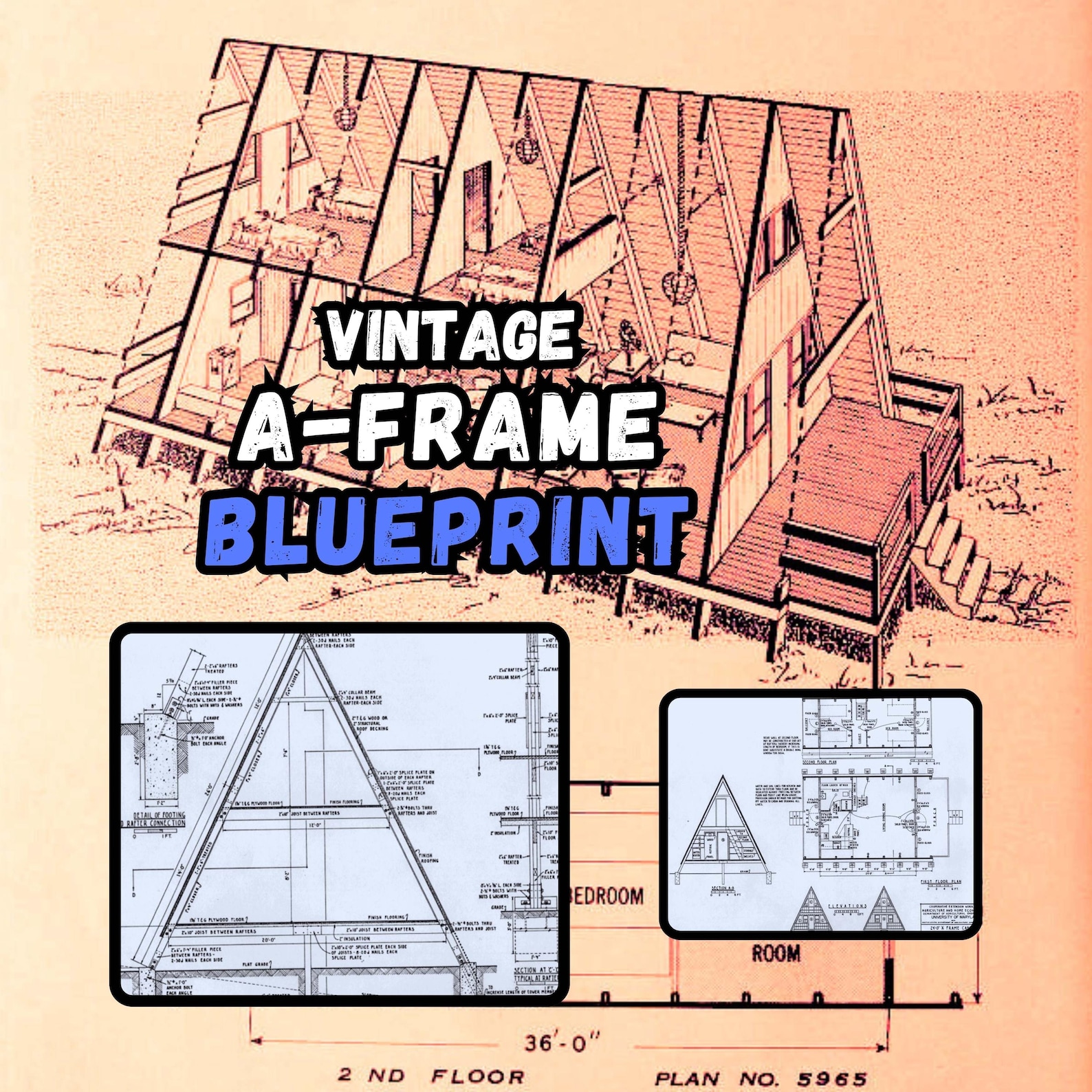 Vintage A-frame Cabin Plan BLUEPRINT, 24' X 20' | 1 Bath, 2 Bed, Tiny ...