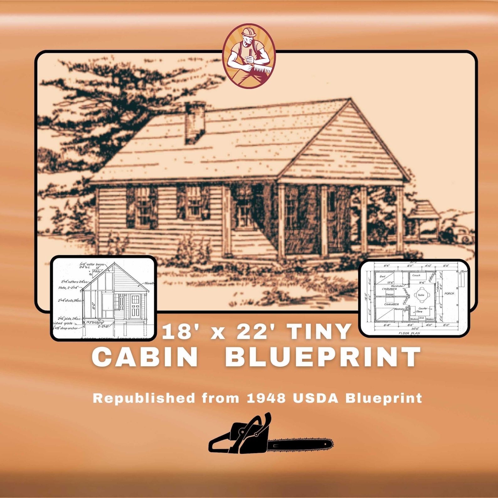 Tiny Cabin Blueprint, 18'x22' (downloadable PDF File, 1-page Blueprint ...
