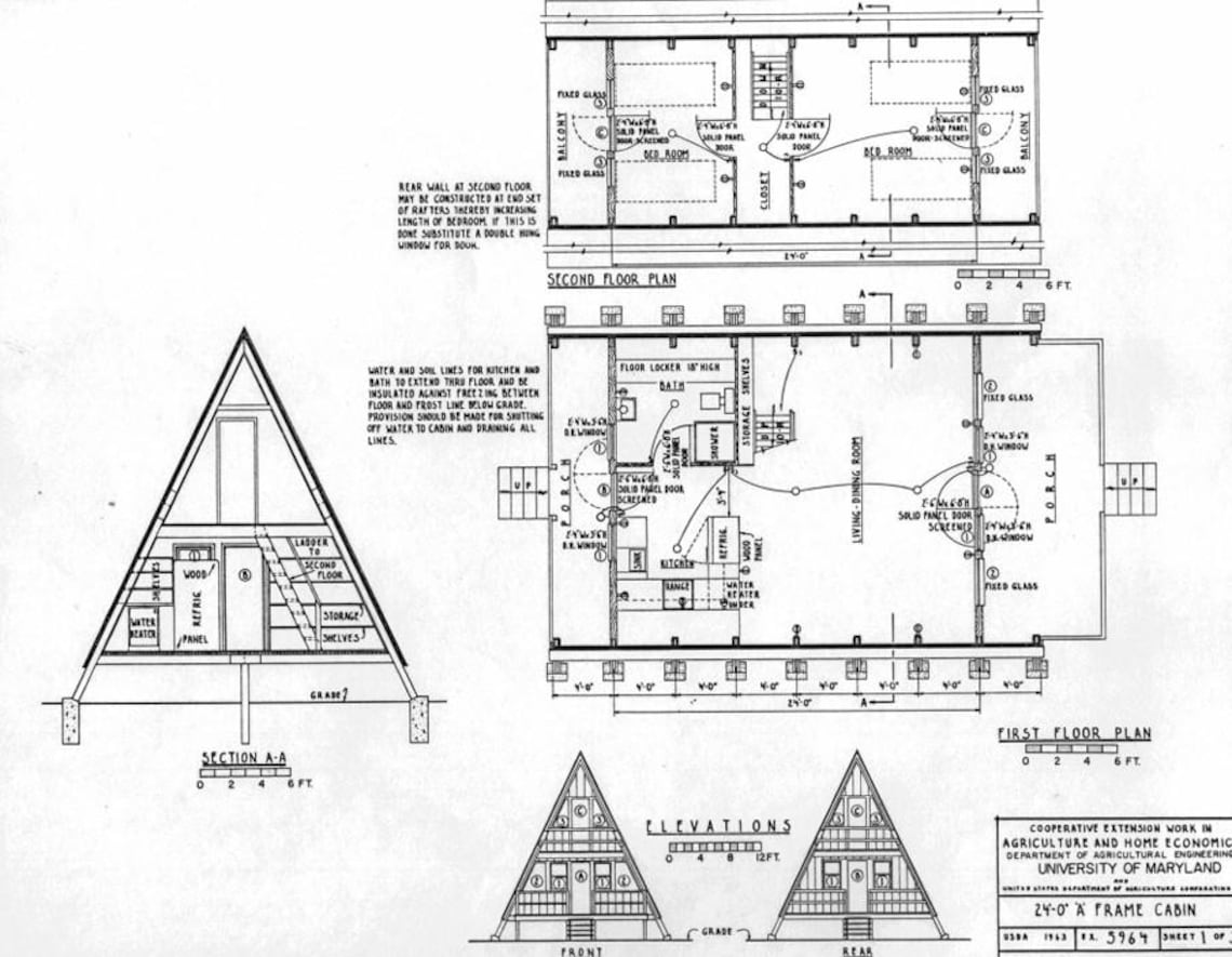 Vintage A-frame Cabin Plan BLUEPRINT, 24' X 20' | 1 Bath, 2 Bed, Tiny ...