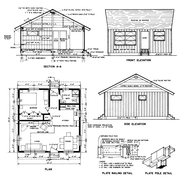Cabin Plan, 24' X 24', 576 SF, 1 Bath, 1 Bed, Tiny House, Office Plan ...