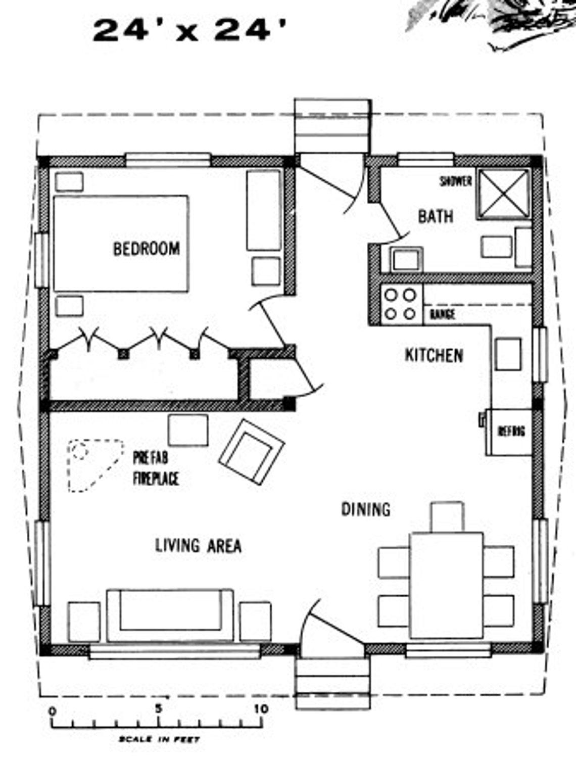 Cabin Plan, 24' X 24', 576 SF, 1 Bath, 1 Bed, Tiny House, Office Plan ...