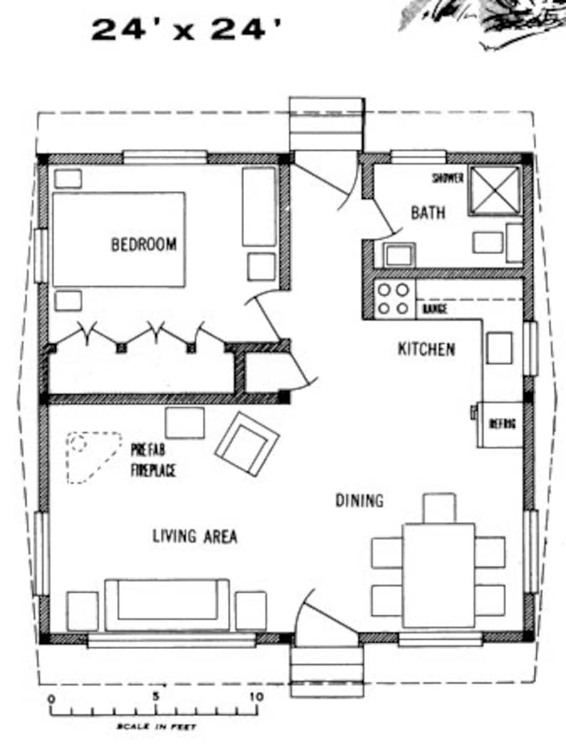 Cabin Plan, 24' X 24', 576 SF, 1 Bath, 1 Bed, Tiny House, Office Plan ...