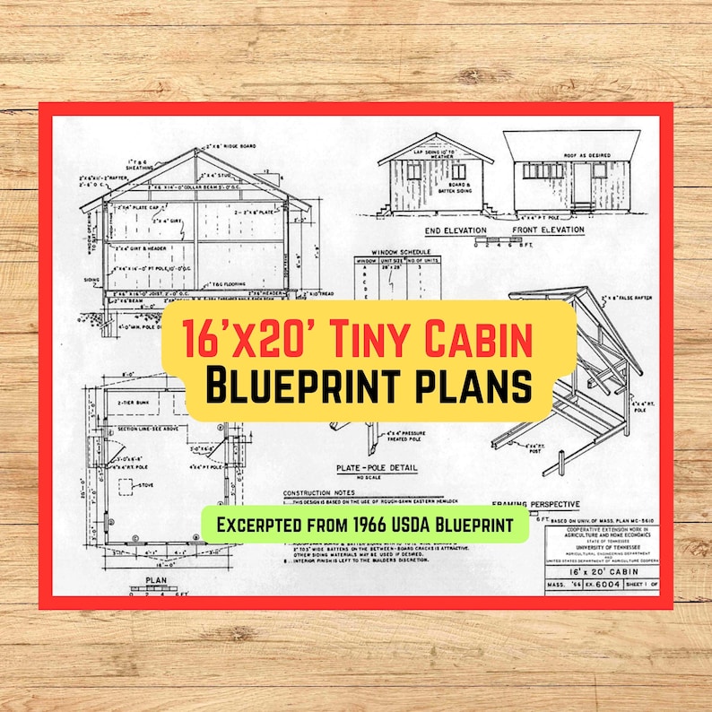 16'x20' Tiny Cabin Blueprint Plans (PDF File, 1-page Blueprint, From ...