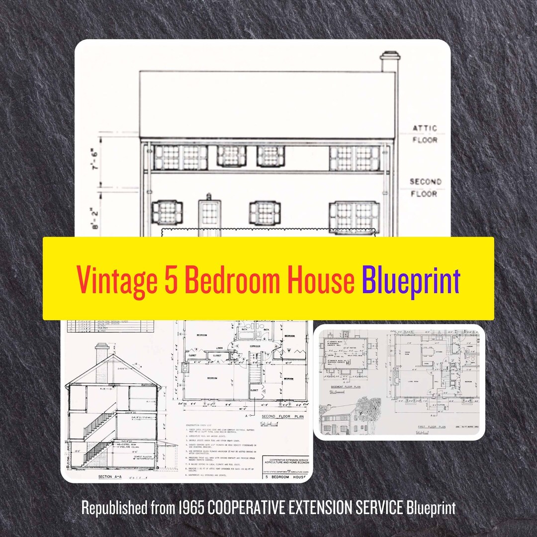 Vintage Blueprint, 5 Bedroom House (3 PDF Files, 3 Pages, Republished ...