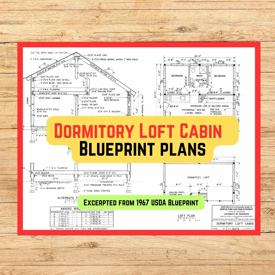 Dormitory Loft Cabin Blueprint Plans (PDF File, 22'x24' Cabin, 3-page ...