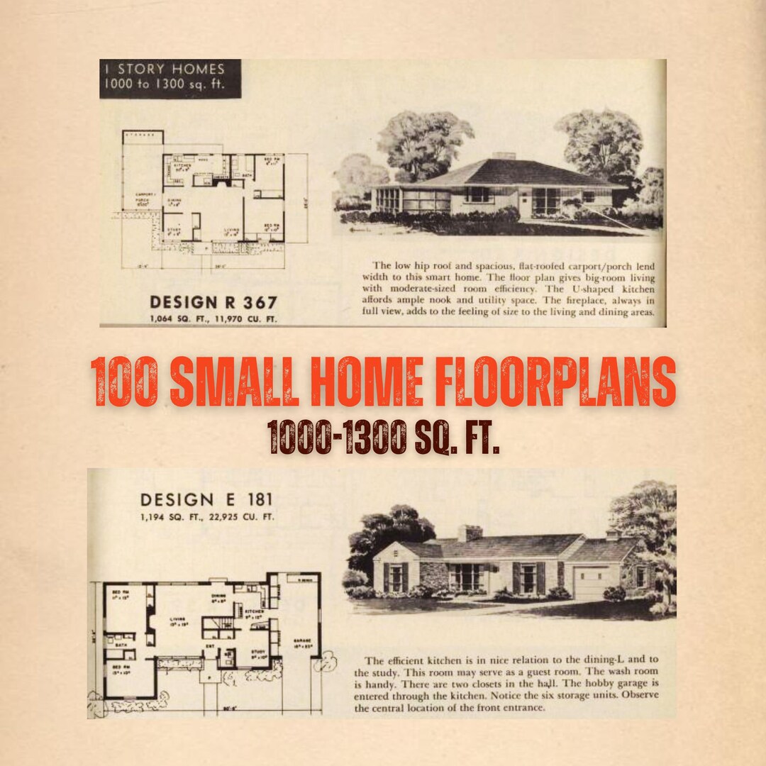 100 Small Home Floorplans, 1000-1300 Sq. Ft. (pdf Electronic File ...