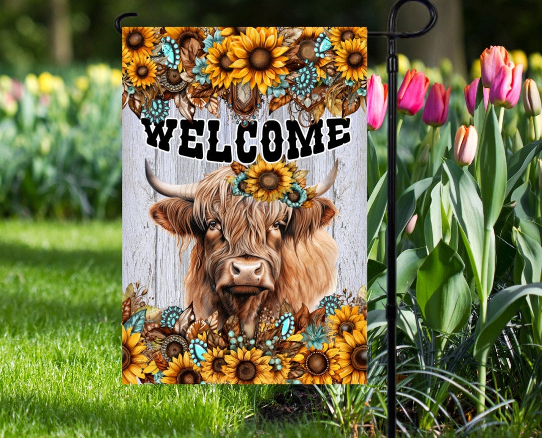 Highland Cow, Garden Flag, Sunflowers and Cows, Housewarming Gift ...