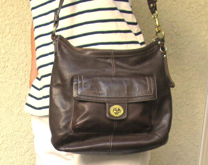 Coach 2 Way Chocolate Brown Leather Front Pocket Turnlock Shoulder Bag ...