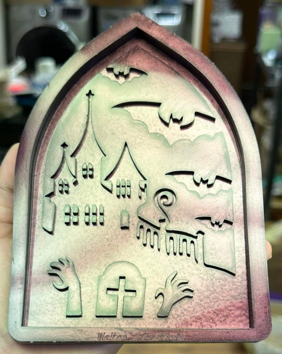 Haunted House on Hill in Graveyard Window Shape 6" Layered: Epoxy Resin ...