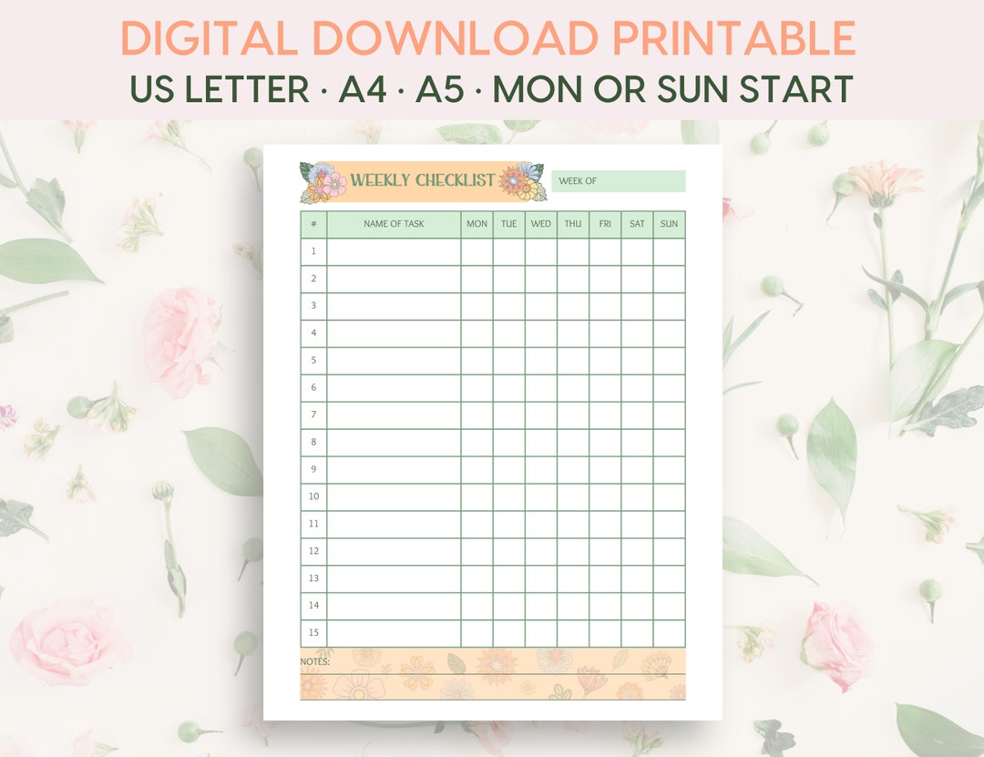 Weekly Checklist Printable Digital Download Planner Insert Habit ...