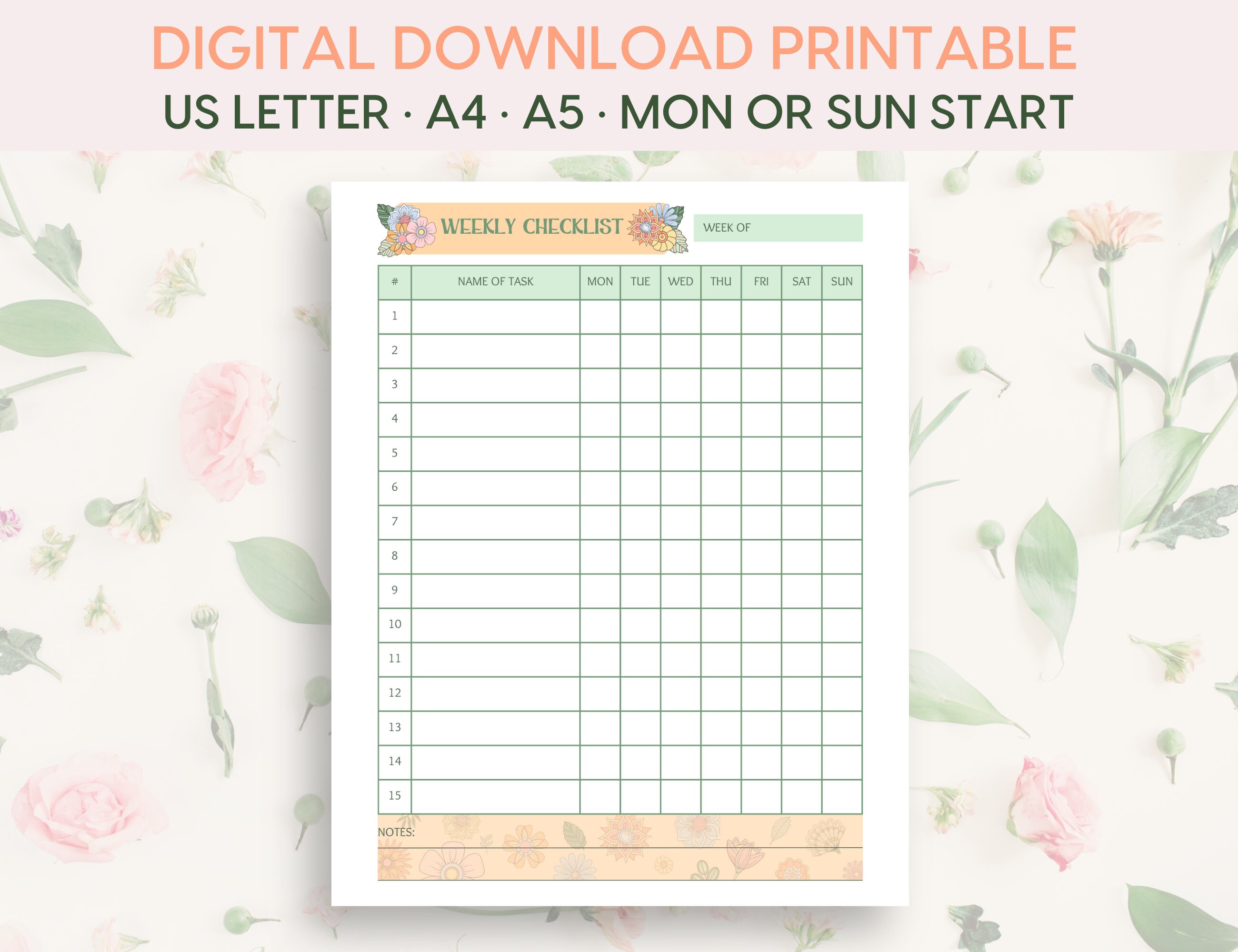Weekly Checklist Printable Digital Download Planner Insert Habit ...