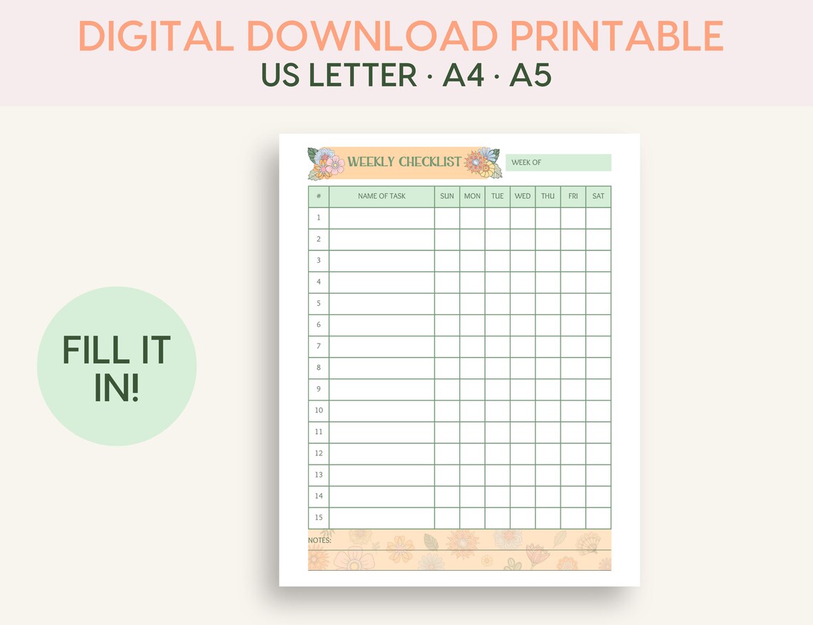 Weekly Checklist Printable Digital Download Planner Insert Habit ...