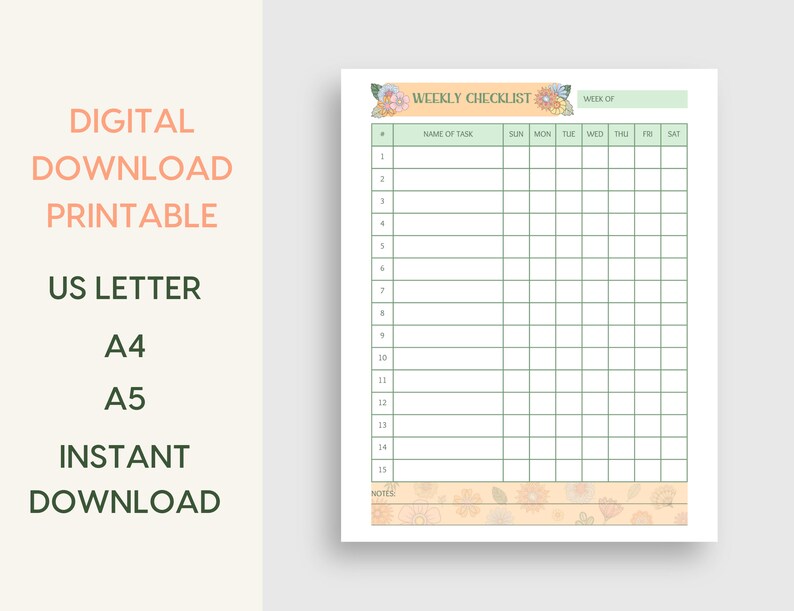 Weekly Checklist Printable Digital Download Planner Insert Habit ...