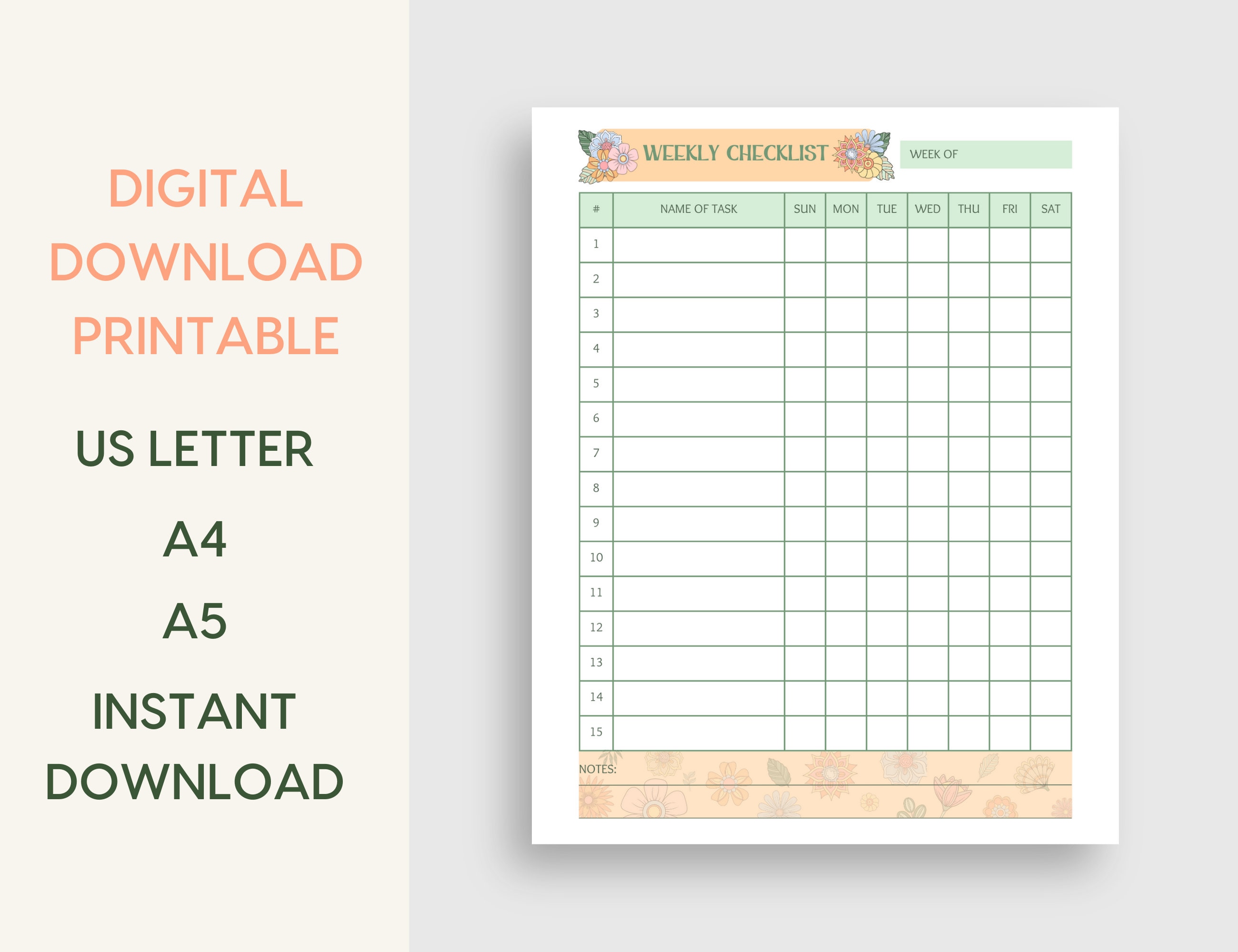 Weekly Checklist Printable Digital Download Planner Insert Habit ...