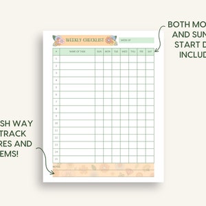 Weekly Checklist Printable Digital Download Planner Insert Habit ...