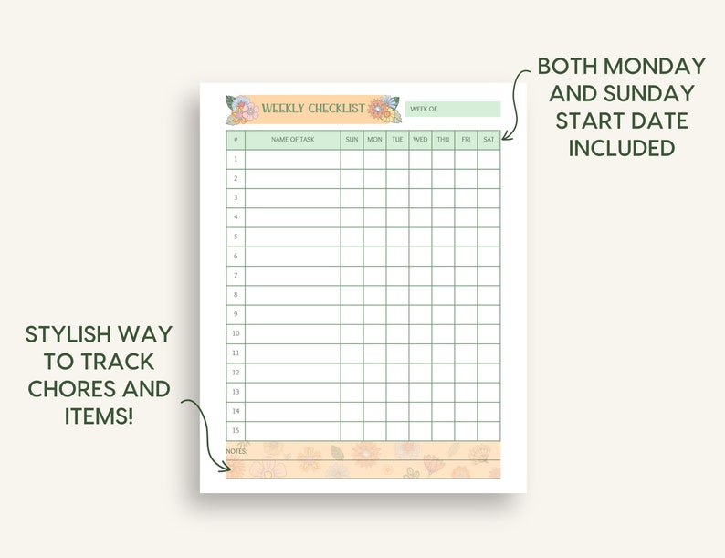 Weekly Checklist Printable Digital Download Planner Insert Habit ...