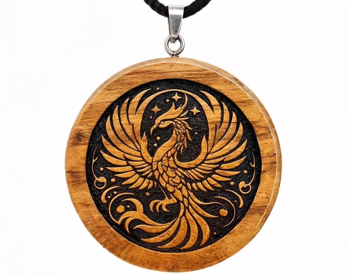 Rising Phoenix Necklace, Hand Carved Wooden Phoenix Pendant, Fantasy ...