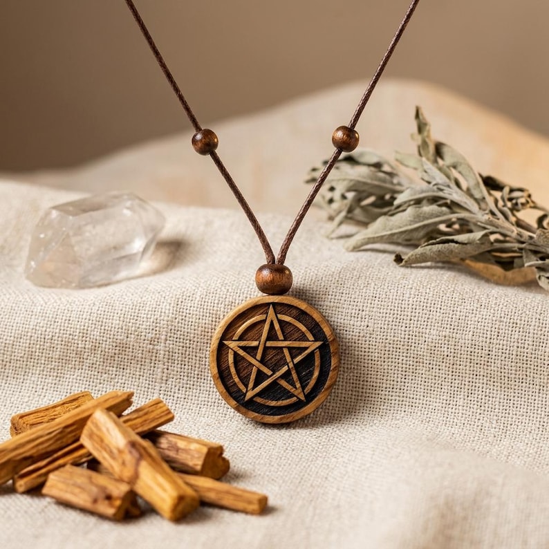 Handmade Wooden Pentagram Necklace, Wiccan Pentacle Pendant, Pagan ...