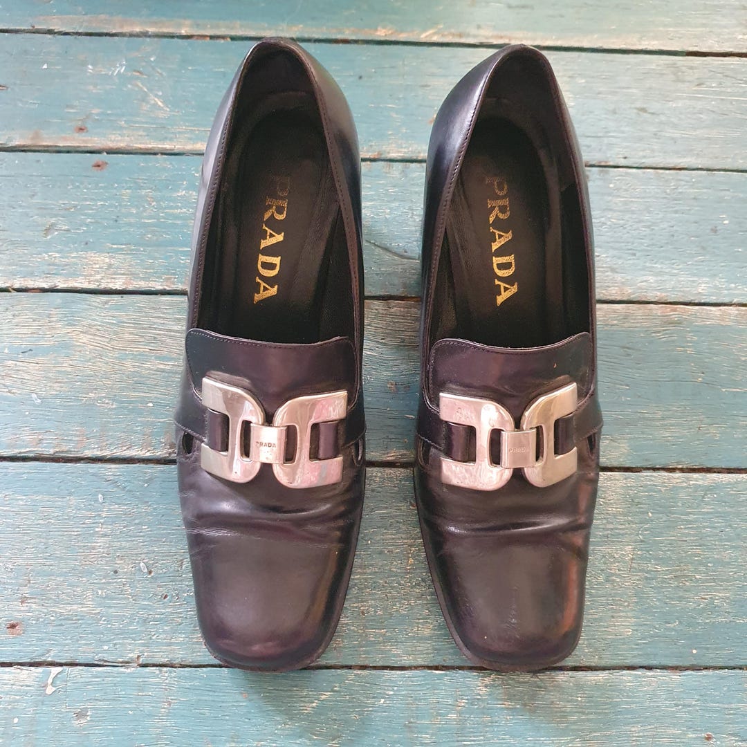 Rare Vintage 90s PRADA Pilgrim Loafer Heels. Size 6.5AU 37.5. Black ...