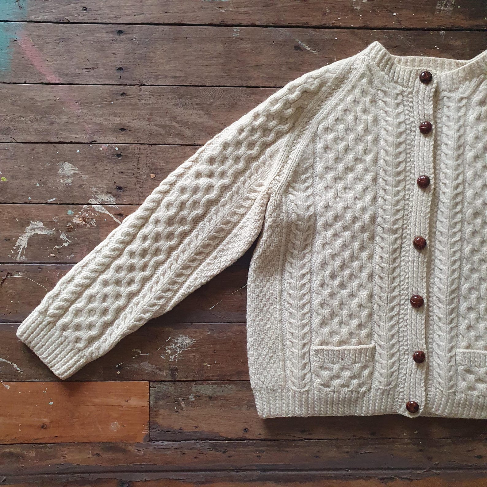 Vintage Irish Aran Cable Knit Cardigan With Bakelite Buttons. 100% Wool ...