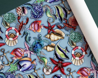 Under the Sea Birthday Wrapping Paper, Personalized Name, Pastel Ocean ...