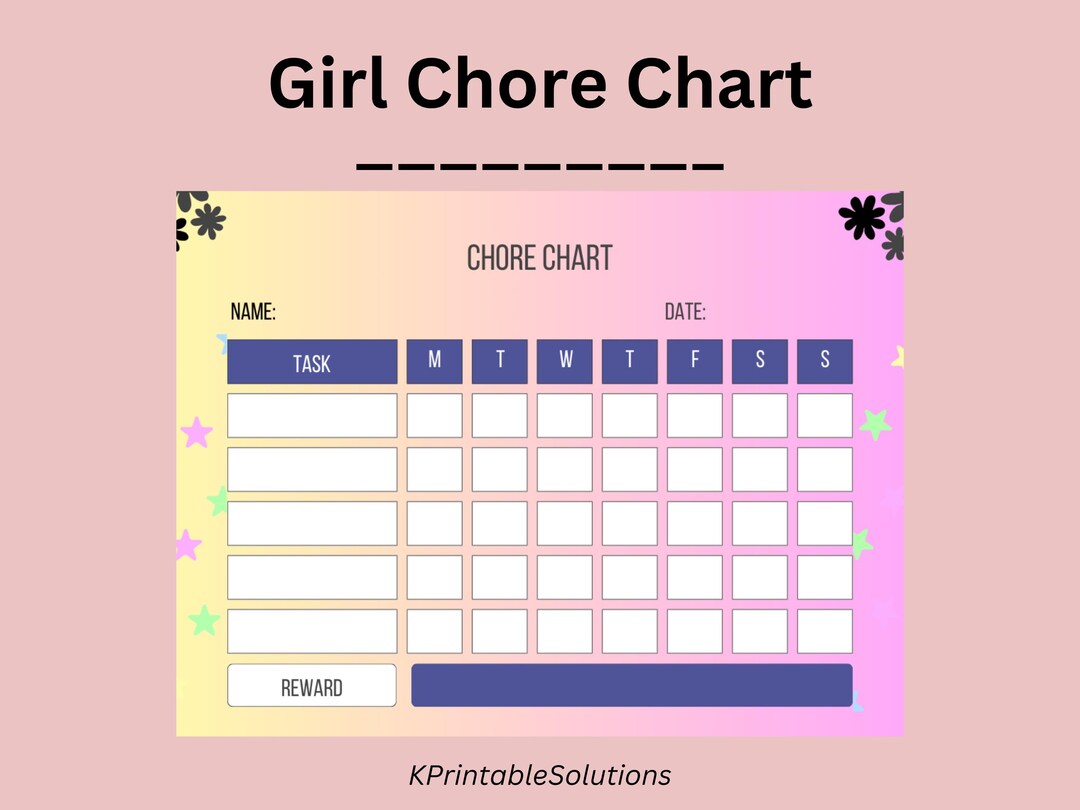 Editable Girls Chore Chart, Children's Chore Chart, Chore Chart ...