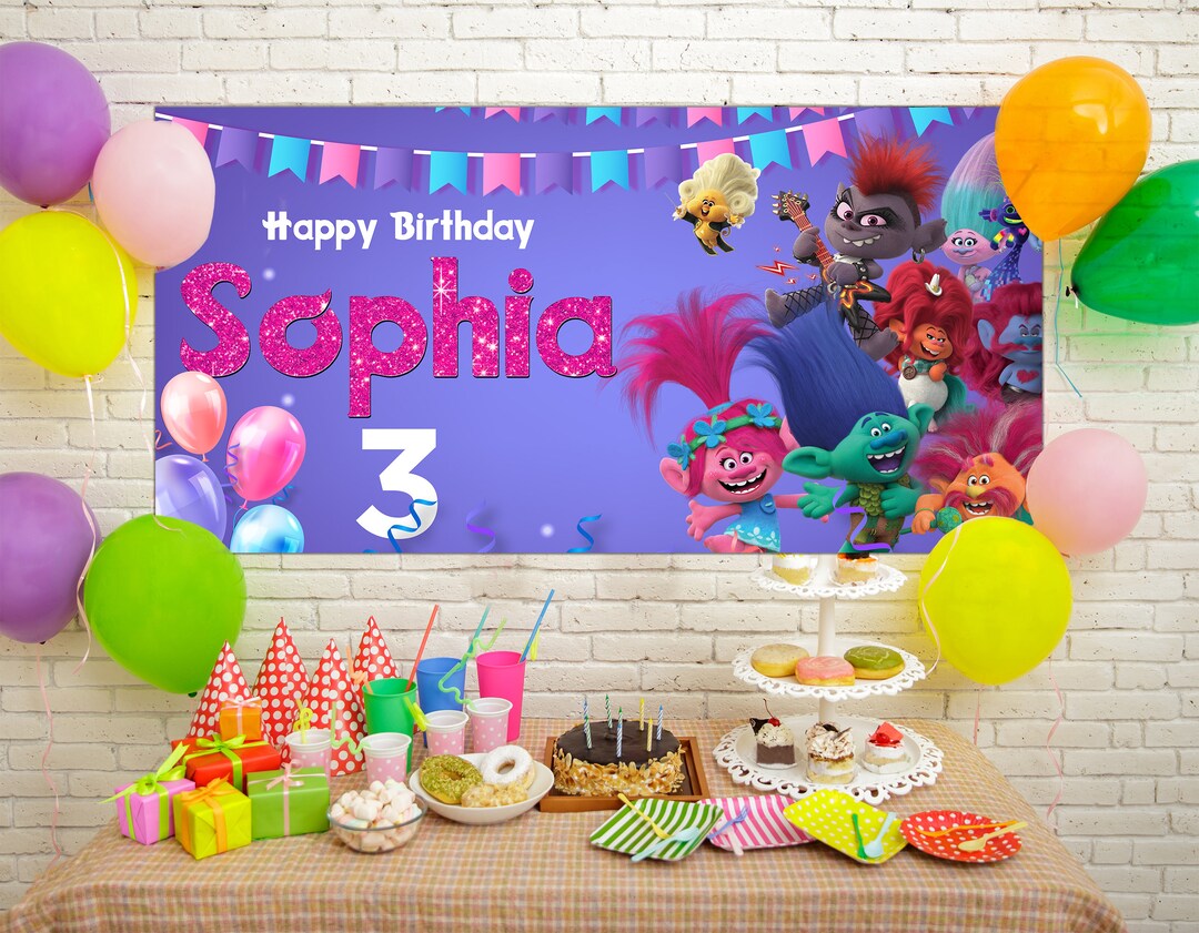 Trolls Birthday Banner, Custom Trolls Birthday Backdrop, Poppy Birthday ...