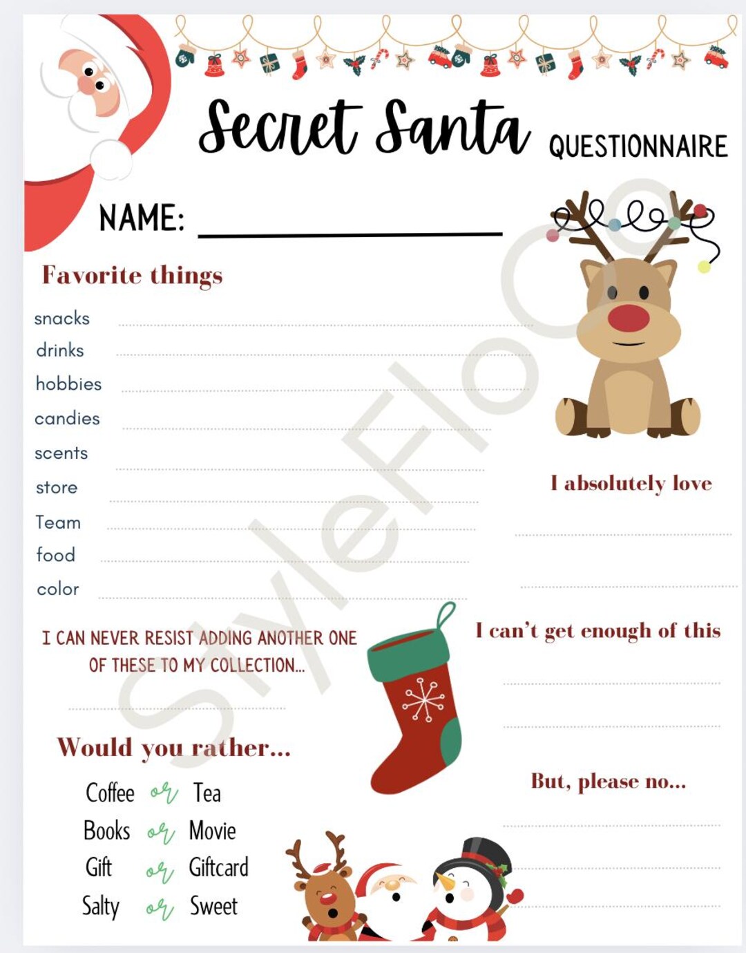 Secret Santa Holiday Questionnaire - Perfect for the Workplace! Instant ...