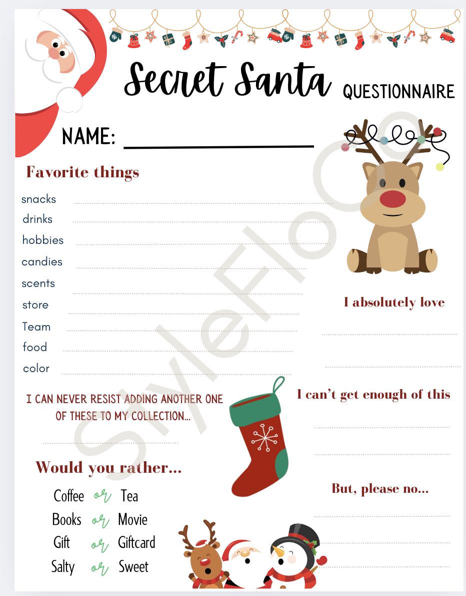 Secret Santa Holiday Questionnaire - Perfect for the Workplace! Instant ...