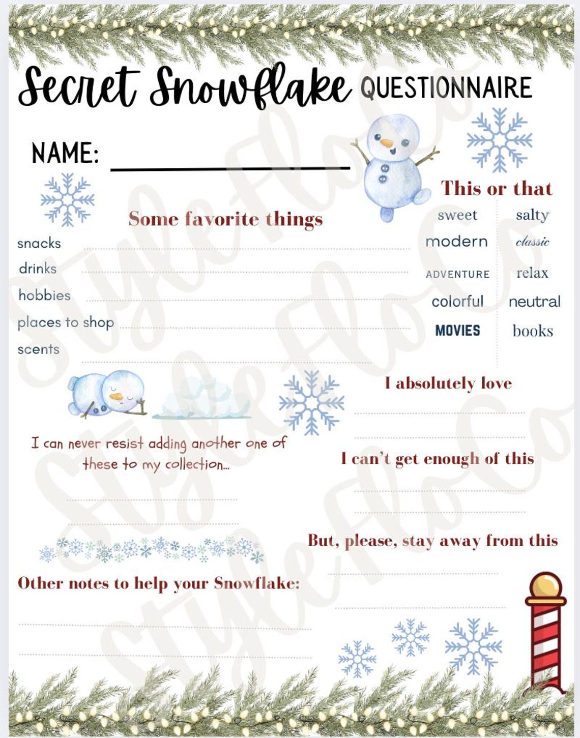 Secret Snowflake Questionnaire - Great for the Workplace! - Etsy