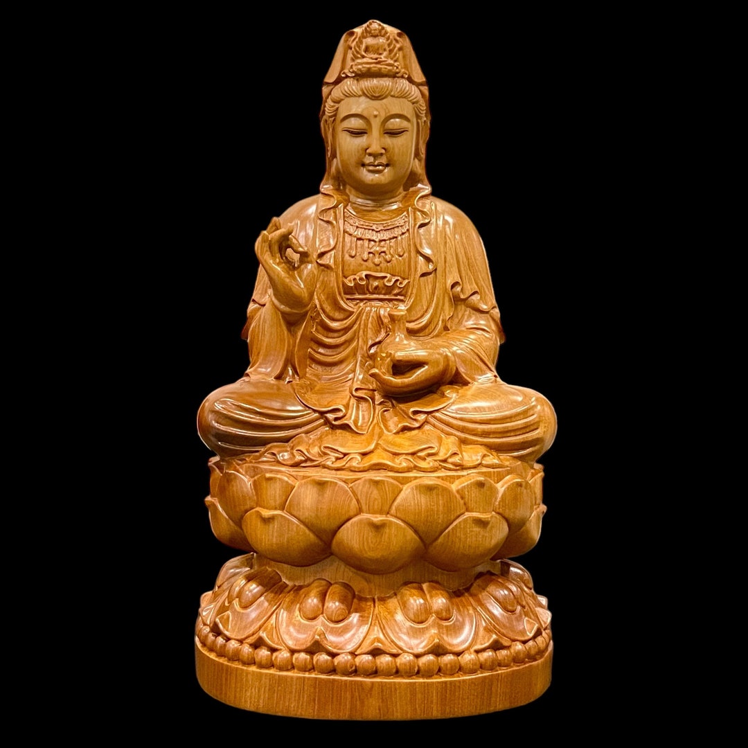 Wooden Guan Yin Statue: Cypress Lotus, Buddhist Feng Shui (11.8" H) - Etsy