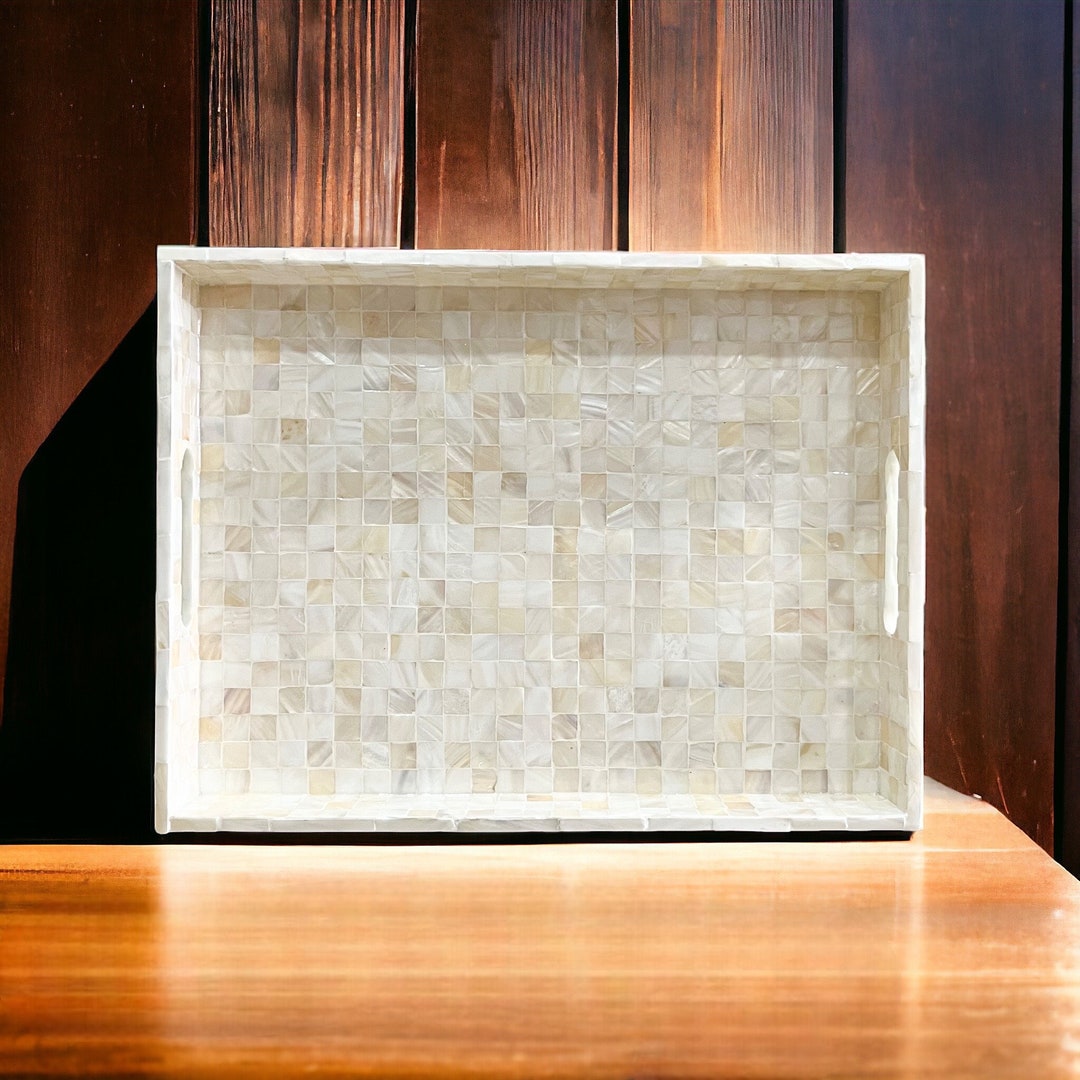 White Mother Pearl Tray, Square Mosaic Rectangle Serving Tray ...