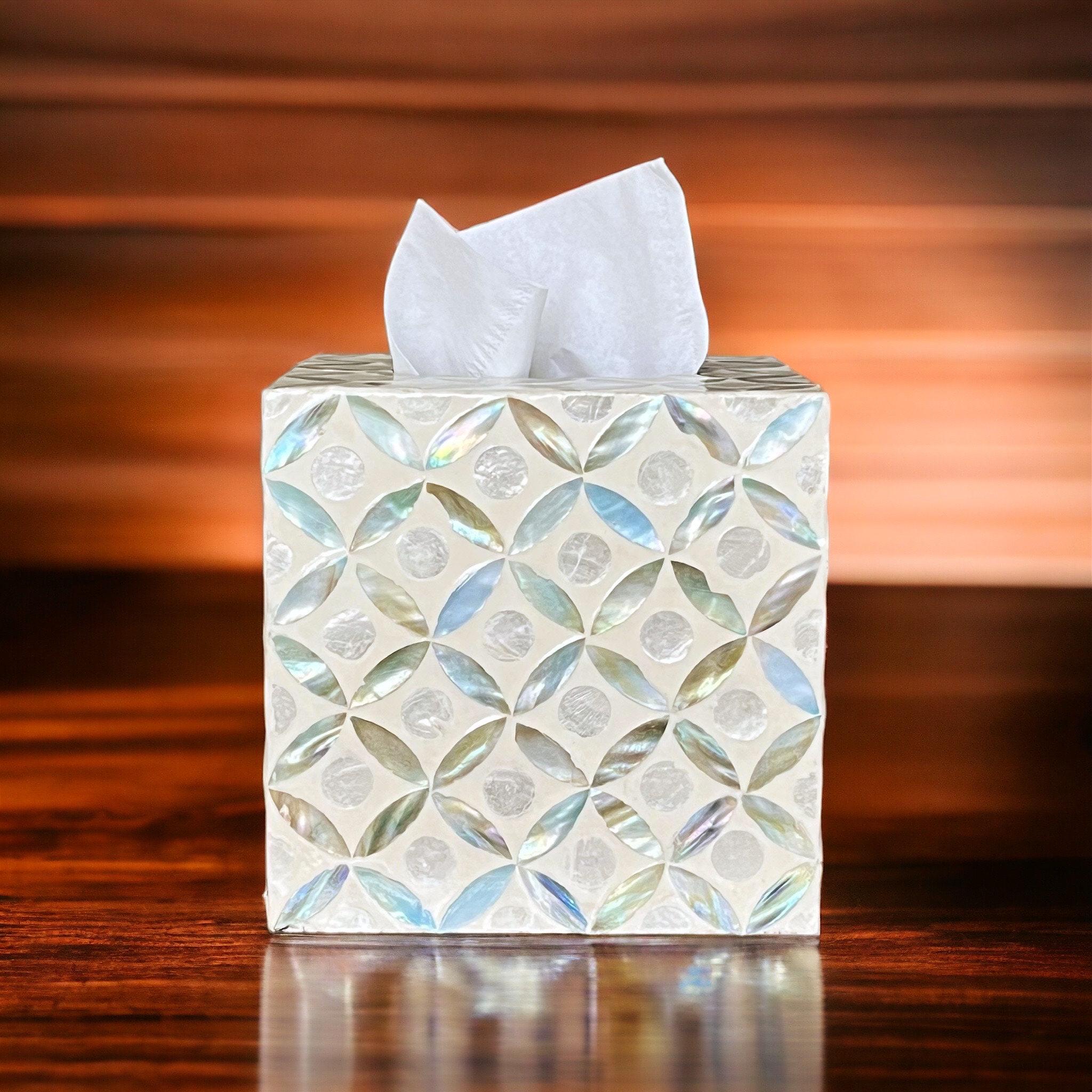 Mother of Pearl Inlay Tissue Box Cover: Ivory & Blue Nacre, Square Cube ...