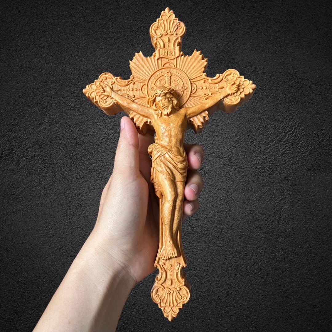 Crucifix Cross Wood Carving 10 Inch, Wooden Crucifix Jesus Christ ...