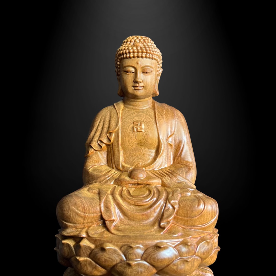 Amitabha Buddha Statue: Green Cypress Wood, Yoga Decor - Etsy