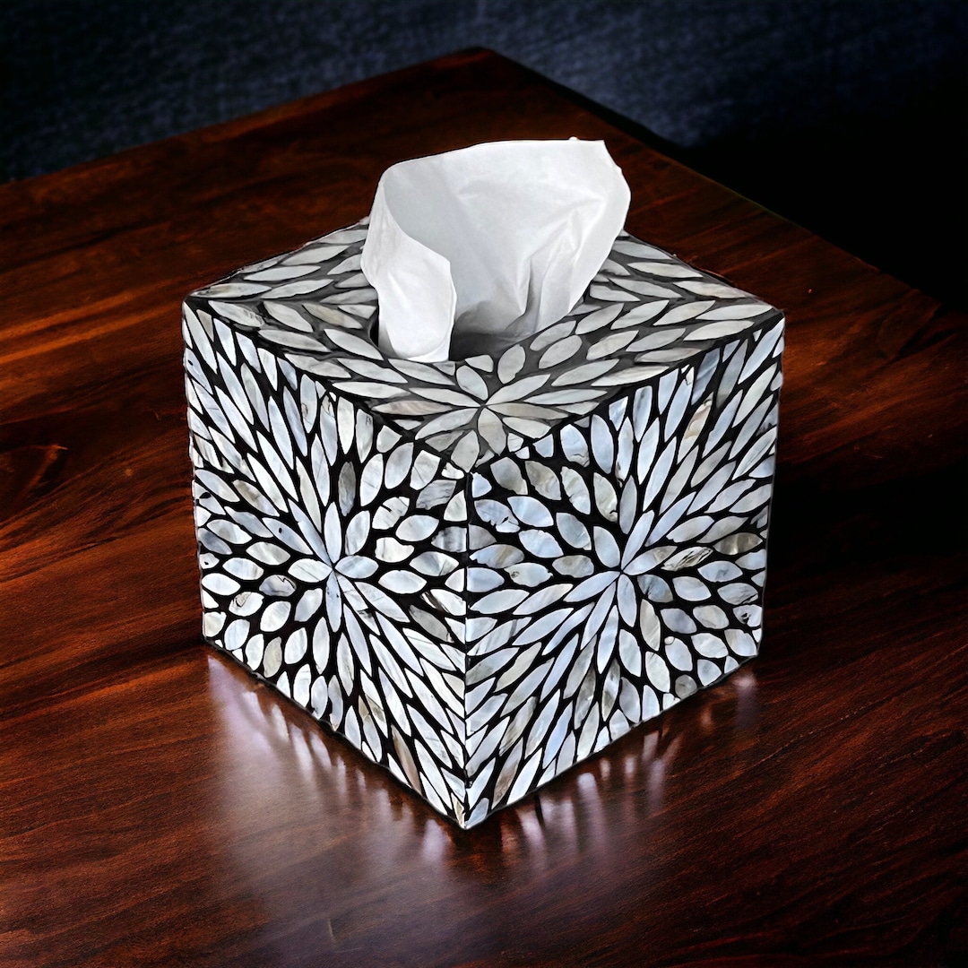 White Mother of Pearl Inlay Black Tissue Box, Square Cube Tissue Holder ...